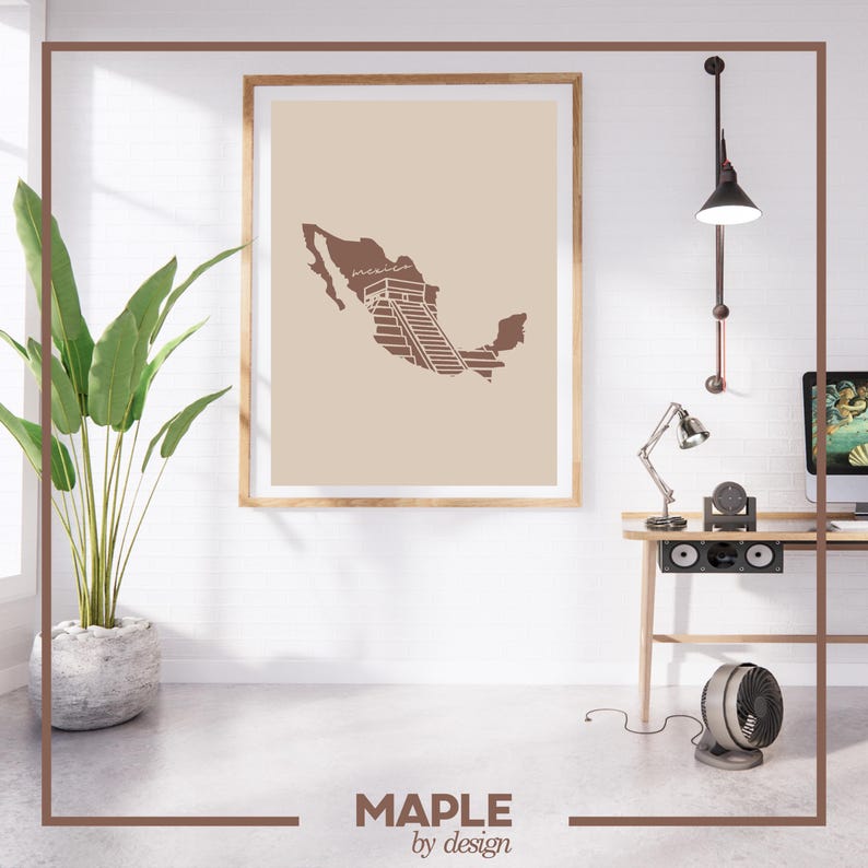 Mexico Map Print | Chichen Itza Pyramid Beige Art (digital Download) - Etsy