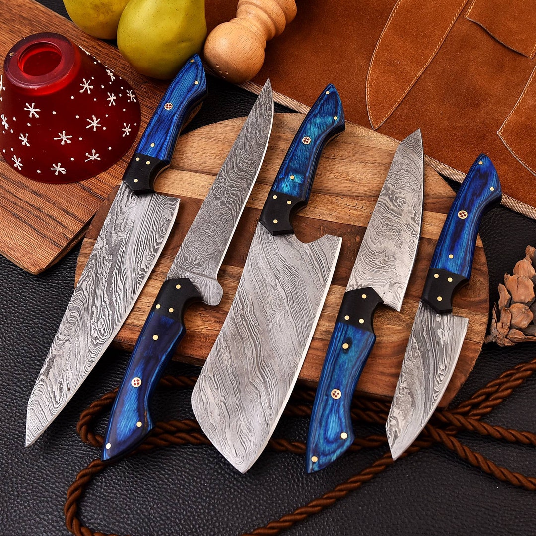 Custom Forge Damascus Steel Kitchen Knife Chef Set, Handmade Damascus ...