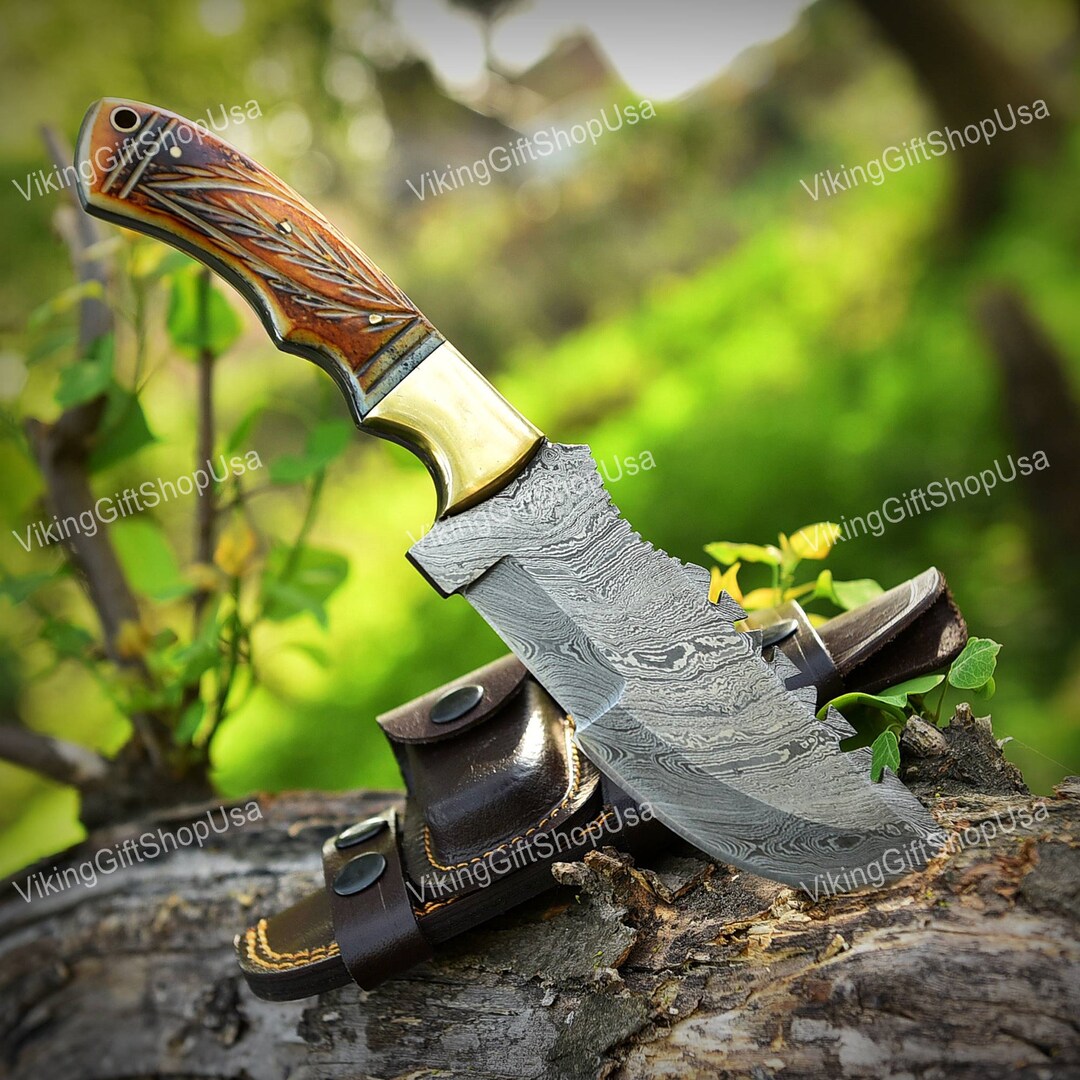 Hand Forged Tracer Knife With Hand Carved Camel Bone Handle, Damascus ...