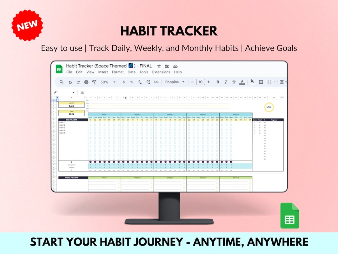 Habit Tracker Spreadsheet Google Sheets Template Daily Habit Weekly ...