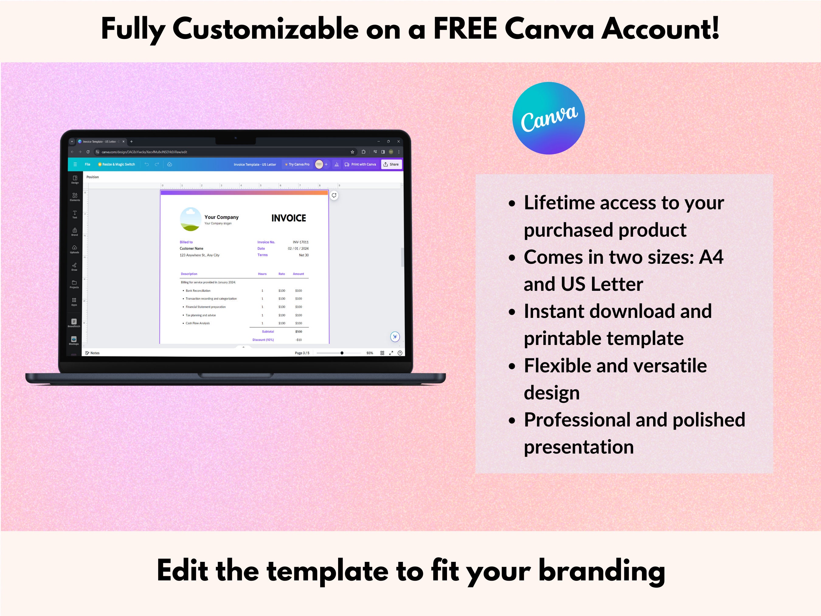 Editable Invoice Template Digital Canva Template Printable Small ...