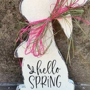 Hello Spring Door Hanger Bunny Rabbit Distressed Wood Vinyl Sign for ...