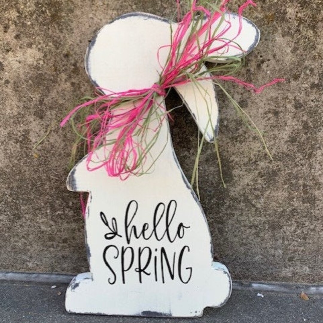 Hello Spring Door Hanger Bunny Rabbit Distressed Wood Vinyl Sign for ...