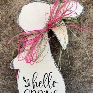 Hello Spring Door Hanger Bunny Rabbit Distressed Wood Vinyl Sign for ...