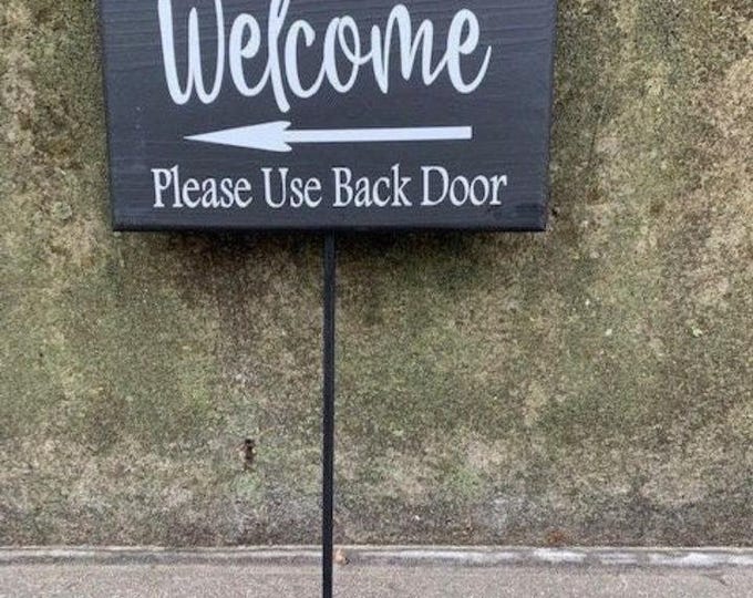 Welcome Please Use Back Door Wood Vinyl Sign Directional Entrance Yard ...