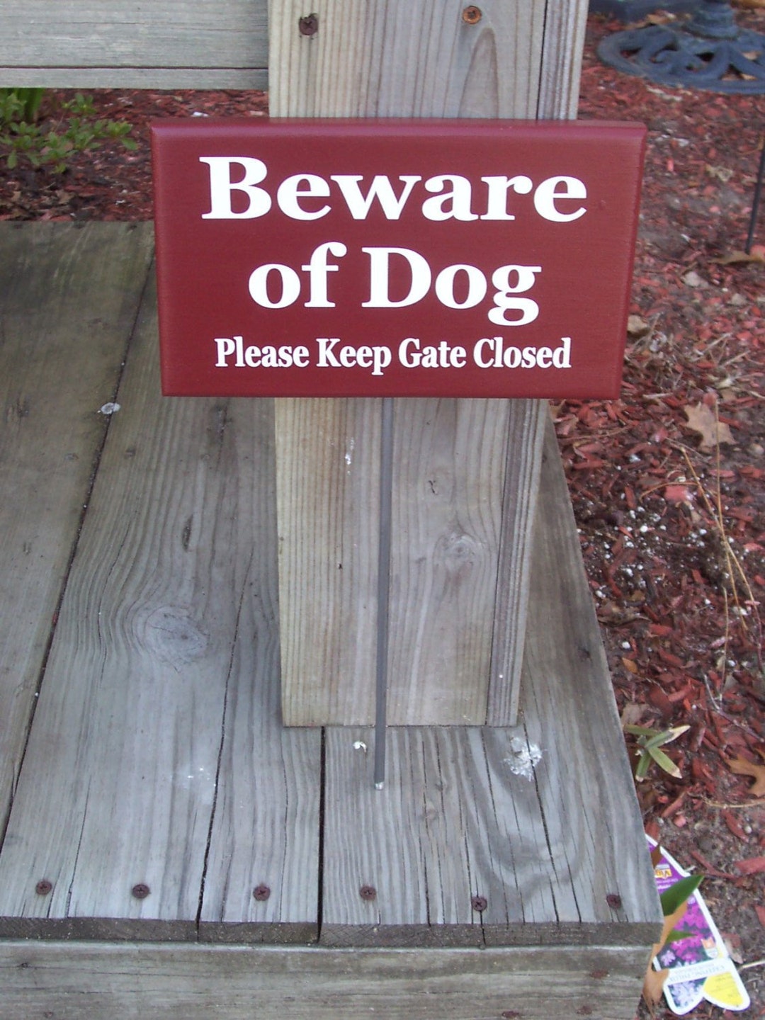 Beware of Dog Garden Stake With Gate Closer Reminder Wood Vinyl Dog ...