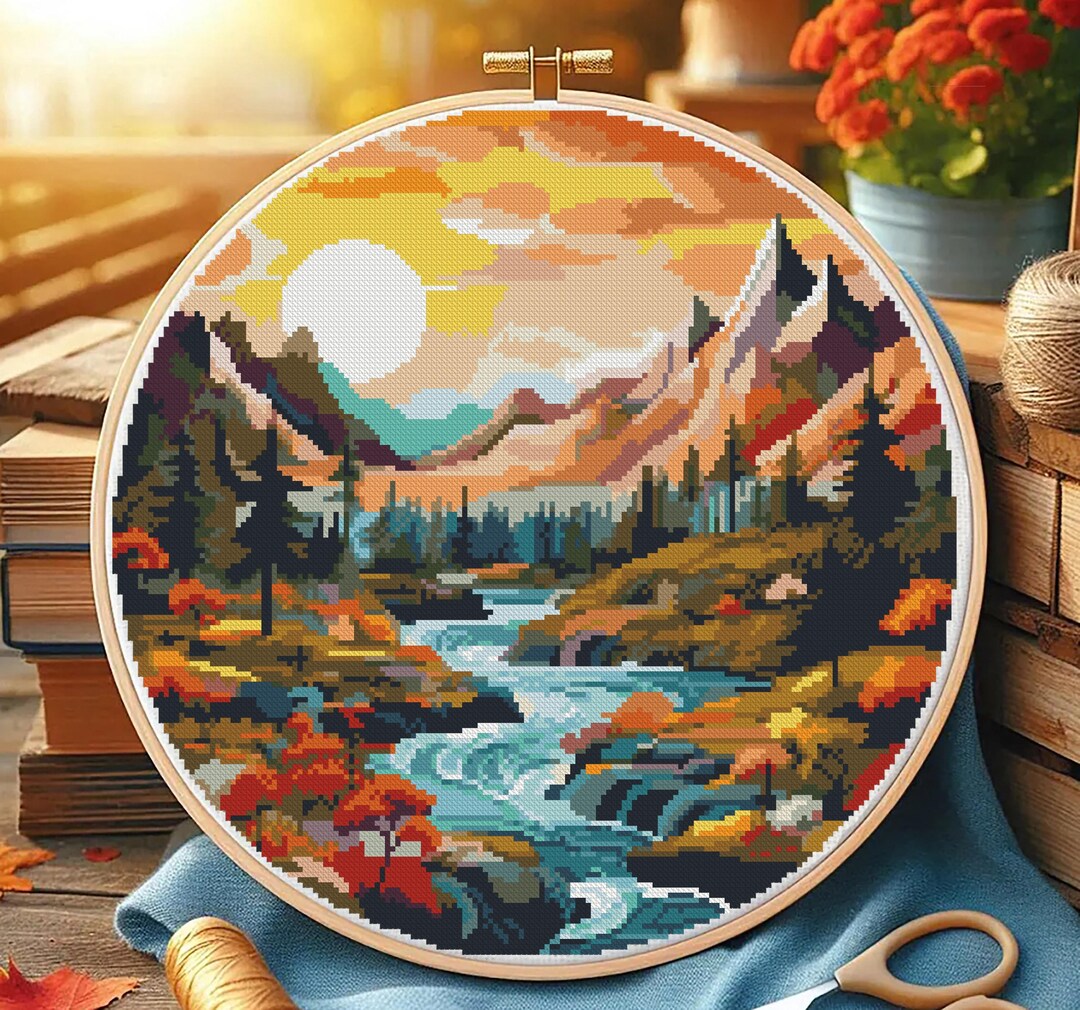 Mountain River Cross Stitch Pattern: Sunset Landscape (PDF Pattern) - Etsy
