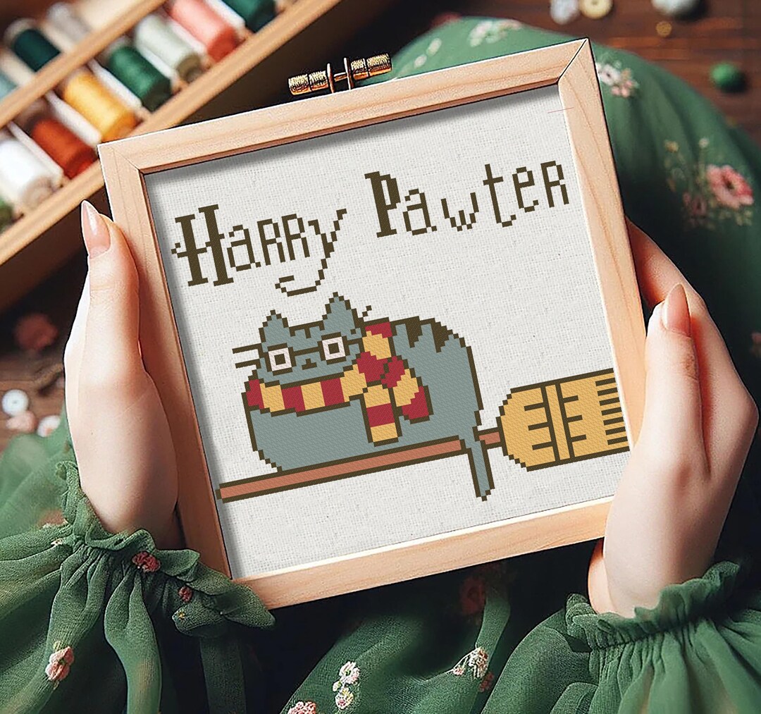Cute Cat Pawter With Glasses on a Broom Cross Stitch Pattern PDF 83х69 ...