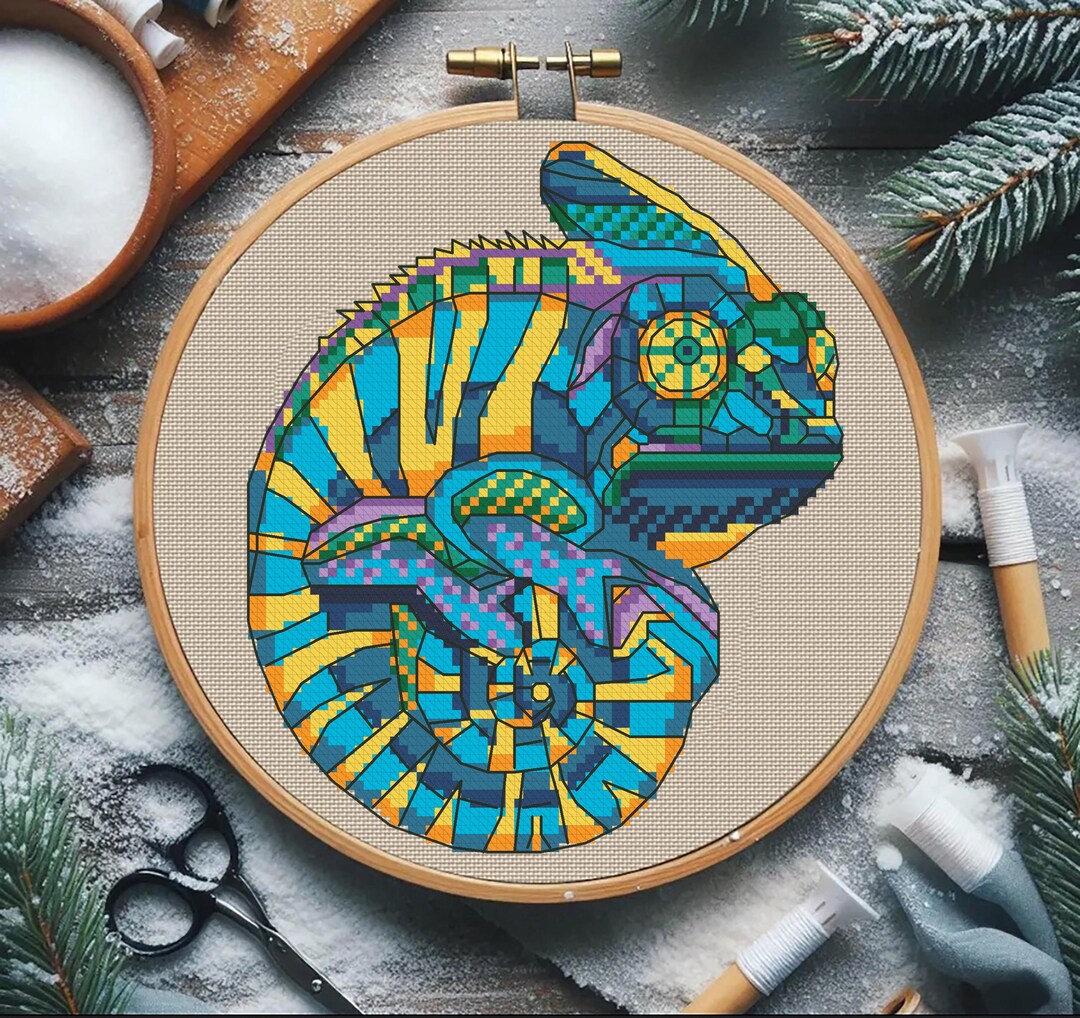 Blue Chameleon Cross Stitch Pattern PDF 67х80 Stitches Easy Cozy ...