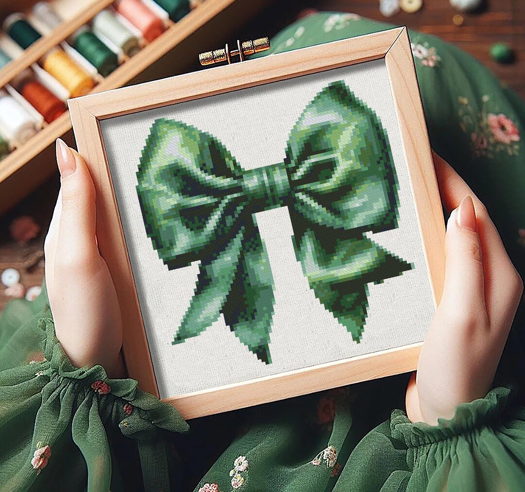 Green Bow Cross Stitch Pattern: Easy DIY Cozy Design (PDF) - Etsy
