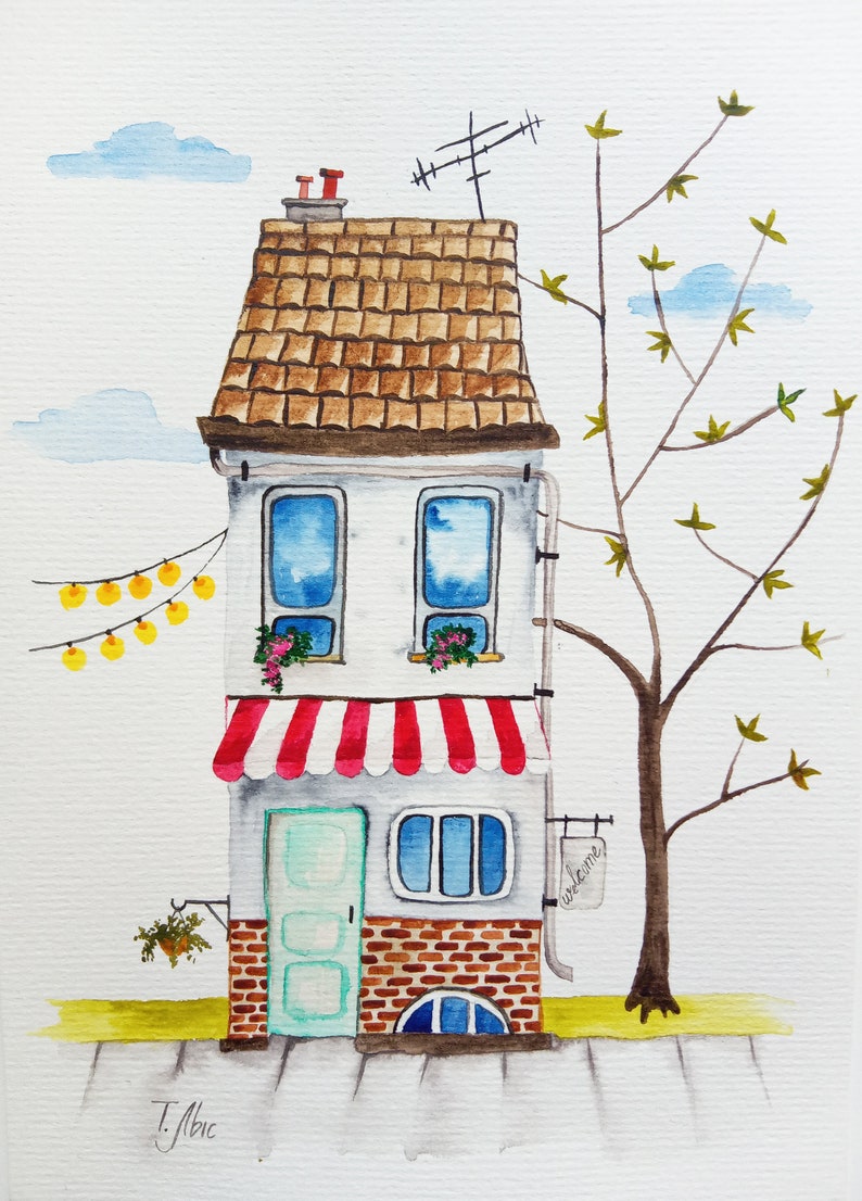 Watercolor Drawing Cute Cozy House 6x8 Inch Wall Decor Postcard ...