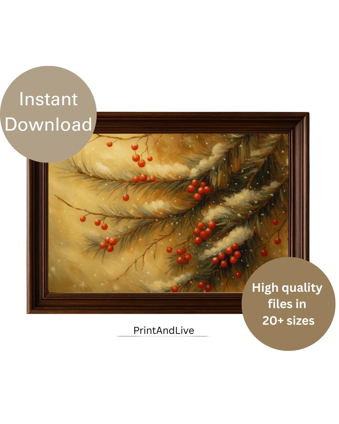 Vintage Winter Pine Berry Print – Rustic Christmas Wall Art (digital ...