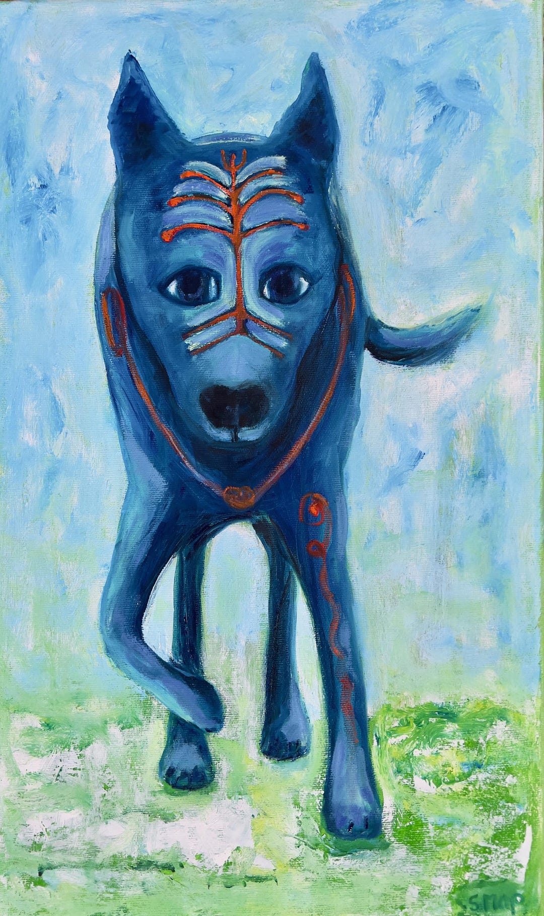 Blue Tribal Dog With Primitive Markings, Small Oil Painting, Original ...