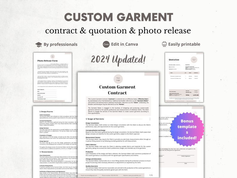 Custom Garment Contract, Tailor Made Clothing Agreement, Bespoke ...
