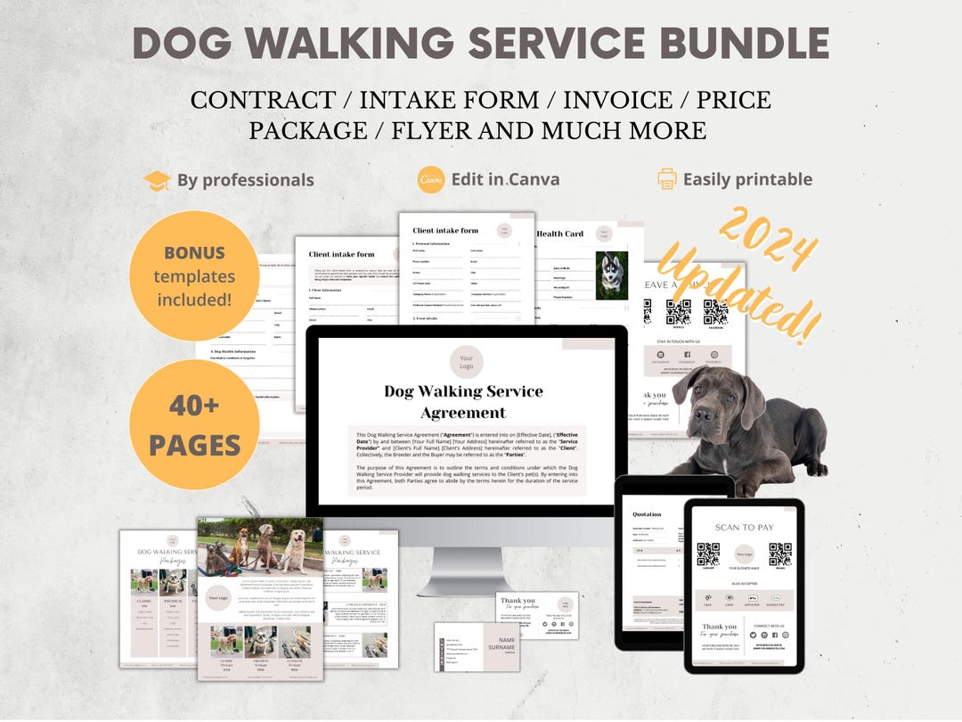 Dog Walking Service Agreement/contract Template, Editable & Printable ...