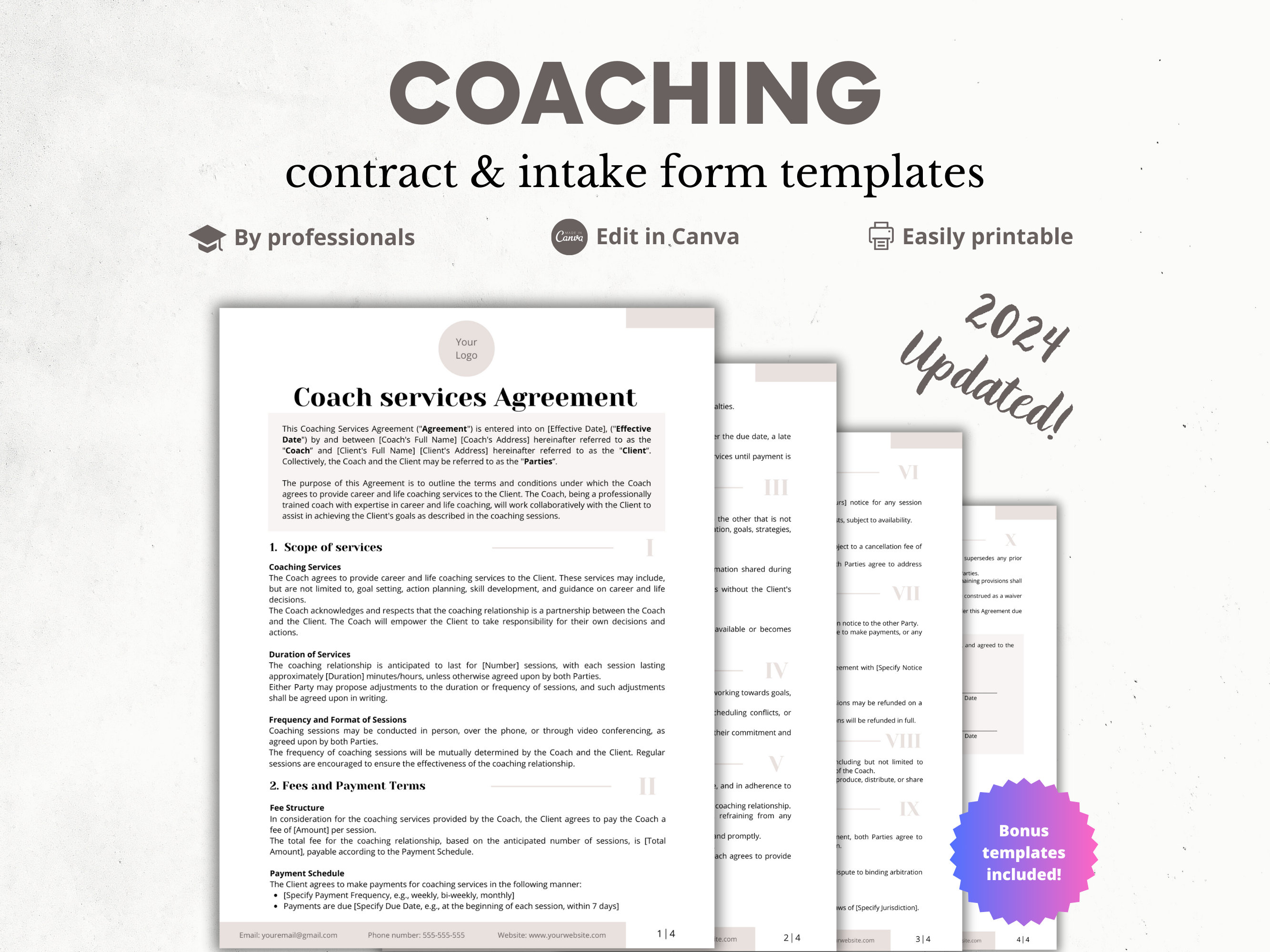 Coaching Contract Template, Mentoring Services, Editable Coach ...