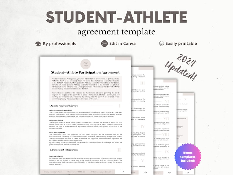 Student Athlete Contract, Athlete Agreement, Student Sports Contract Template, Parent Consent ...