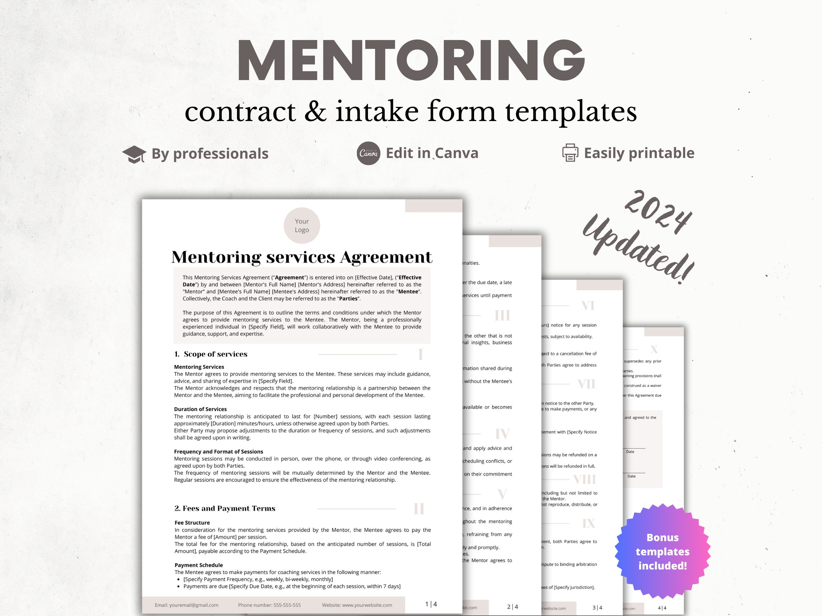 Mentor Contract, Mentoring Contract Template, Mentoring Services ...