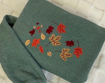 Embroidered Fall Leaves Crewneck, Cute Fall Foliage Sweatshirt, Autumn Leaves Embroidery ...