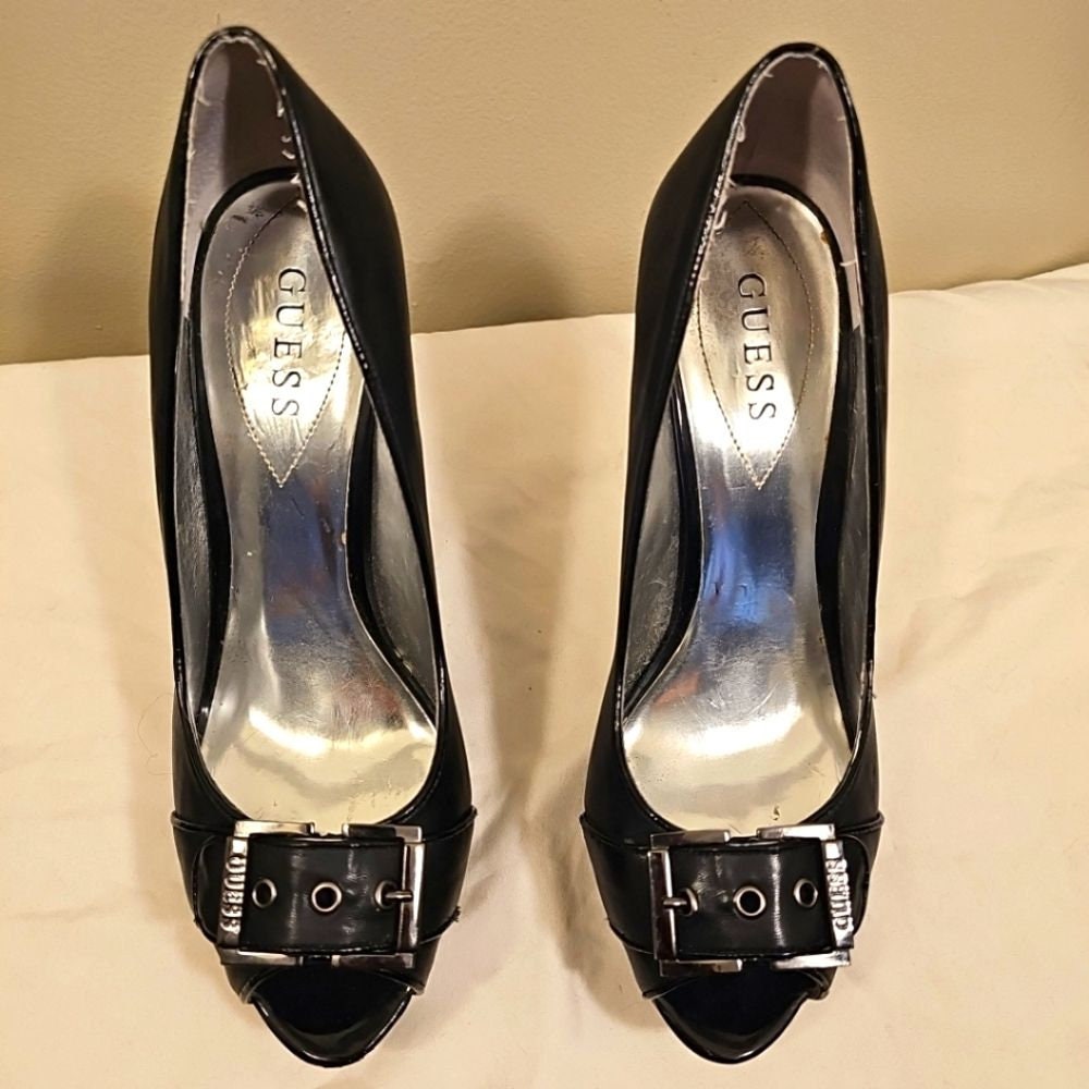 GUESS Black Stiletto Heels 8.5M Leather Upper Peep Toe Platform Pumps ...