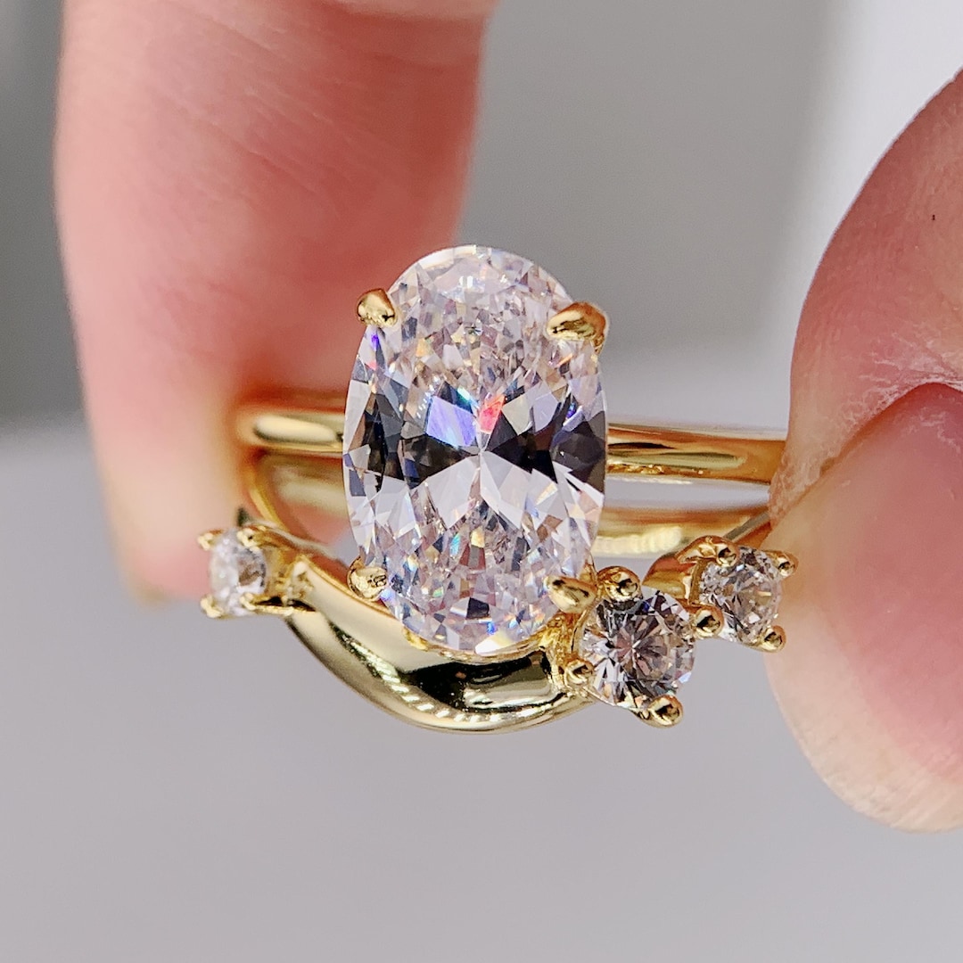 2ct-3ct Oval Engagement Ring Gold Travel Ring Set Unique Silver Promise ...