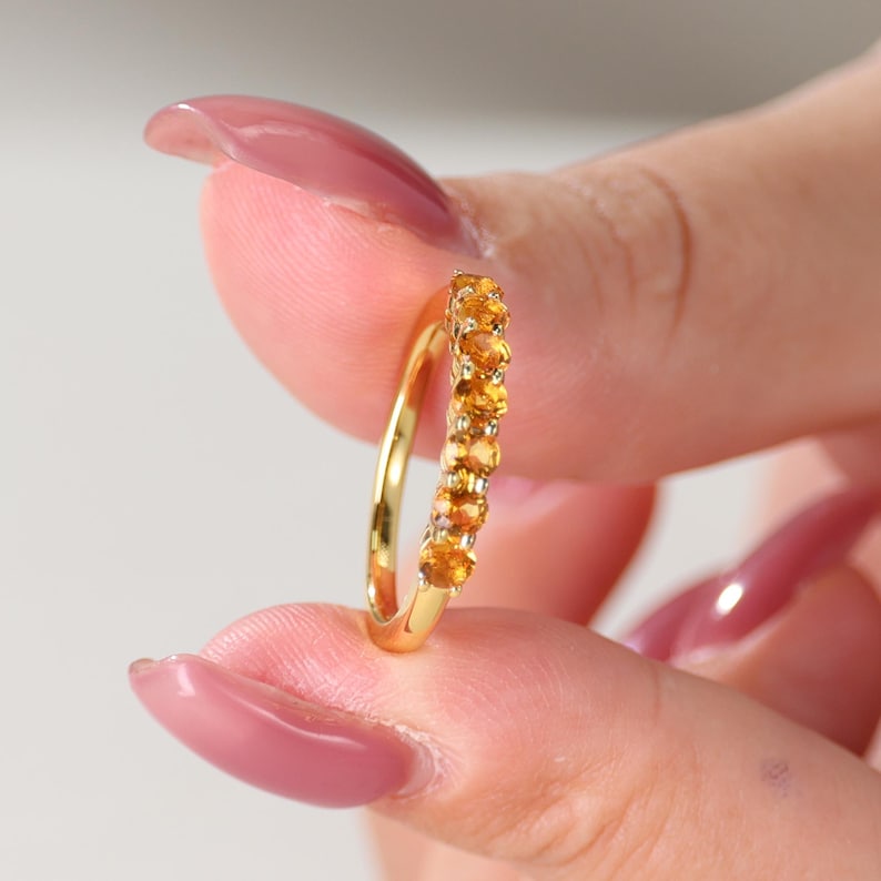 Round Cut Half Eternity Band Natural Citrine Wedding Ring Gold Marching ...