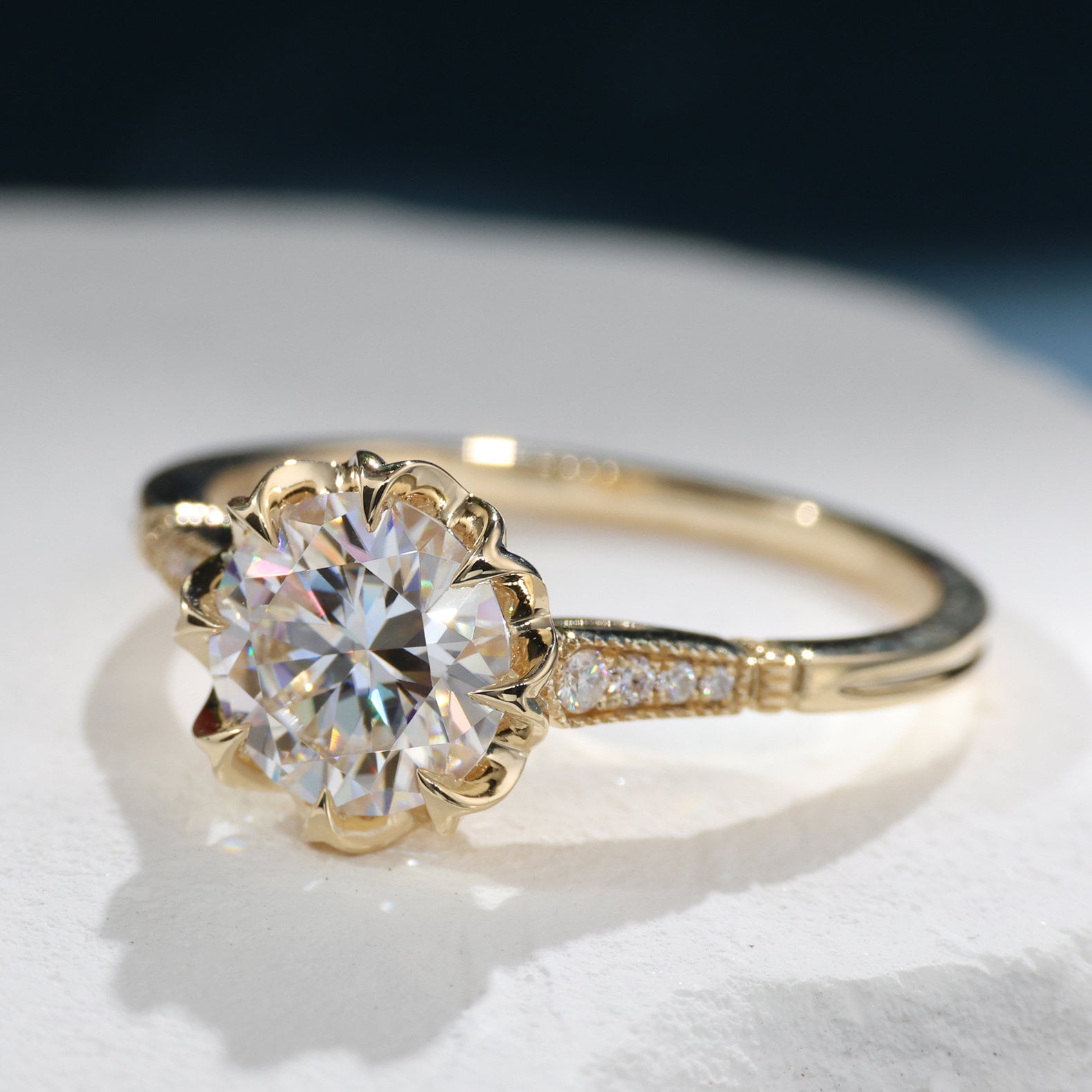 Filigree Art Deco Gold Moissanite Engagement Ring 8 Prong Set Cathedral ...