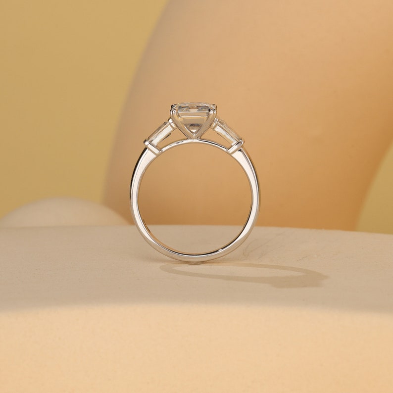 14k White Gold Asscher Cut Lab Grown Diamond Trilogy Engagement Ring Center 1.5ct 4 Double Prong ...