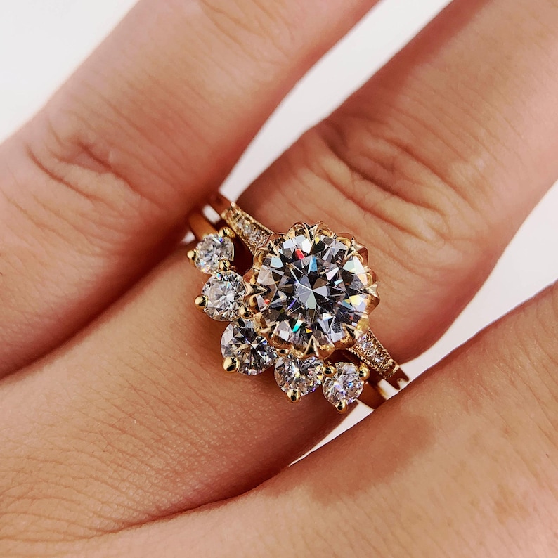 Filigree Art Deco Gold Moissanite Engagement Ring 8 Prong Set Cathedral ...