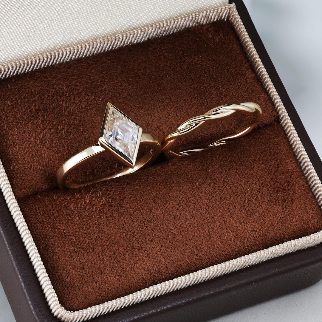 Lozenge Step Cut Moissanite Engagement Ring Set, 2CT Bezel Set ...