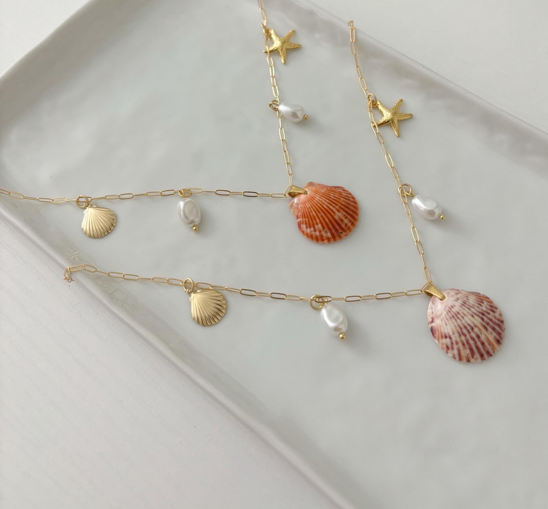 Golden Sea Charm Shell Necklace, Beach Jewelry, Summer Accessory, Shell ...