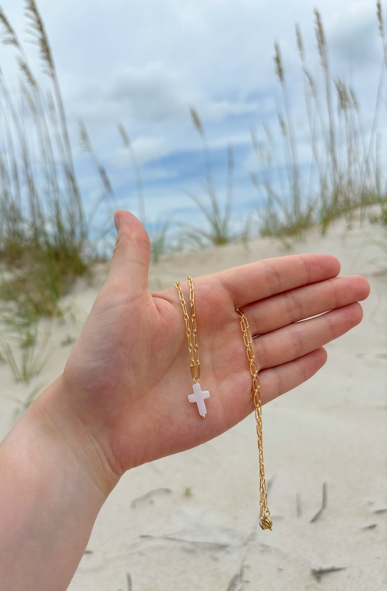 Natural Shell Cross Necklace, Cross Charm, Gold Paperclip Chain, Summer ...
