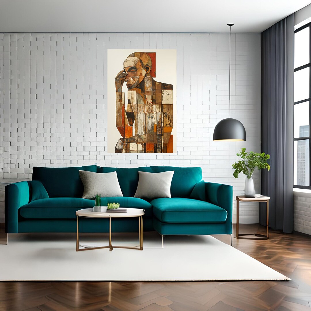 Contemplative Man Sculpture Poster, Cubist Abstract Figure Art, Layered ...