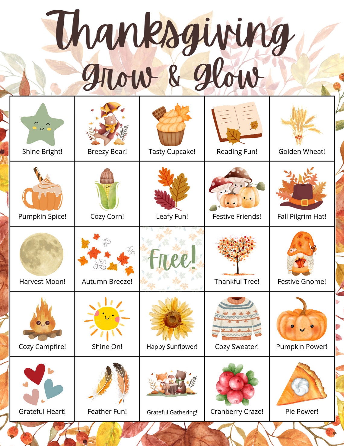 Thanksgiving Bingo Cards Printable, Growth Mindset Game for Kids ...