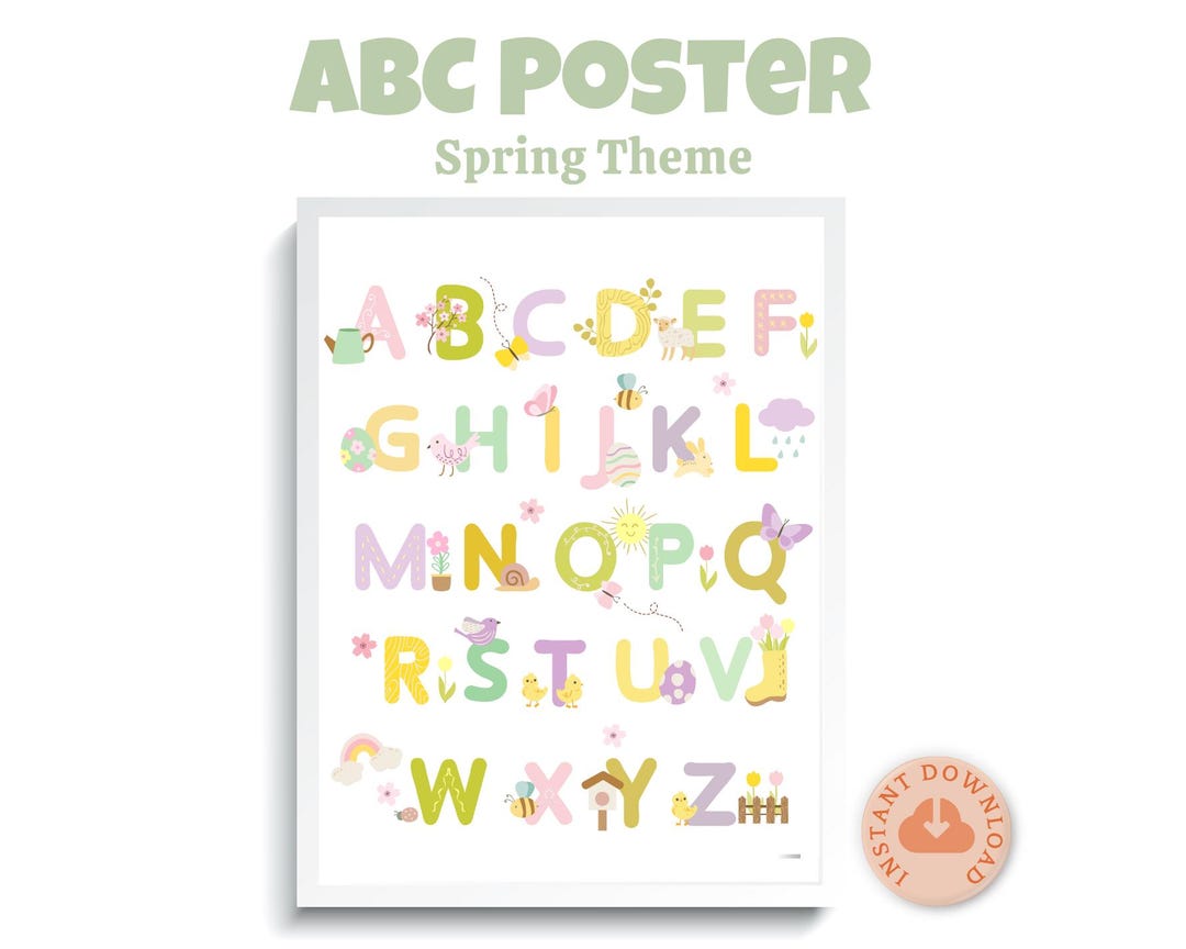 ABC Poster Spring Theme Digital Wall Art Kids Learning Chart Montessori ...