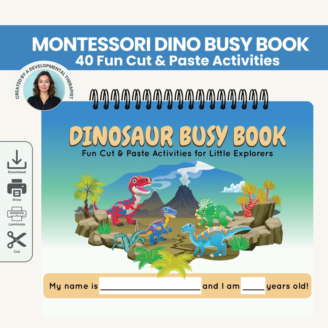 Dinosaur Busy Book for Preschool, Montessori Cut & Paste Activities ...