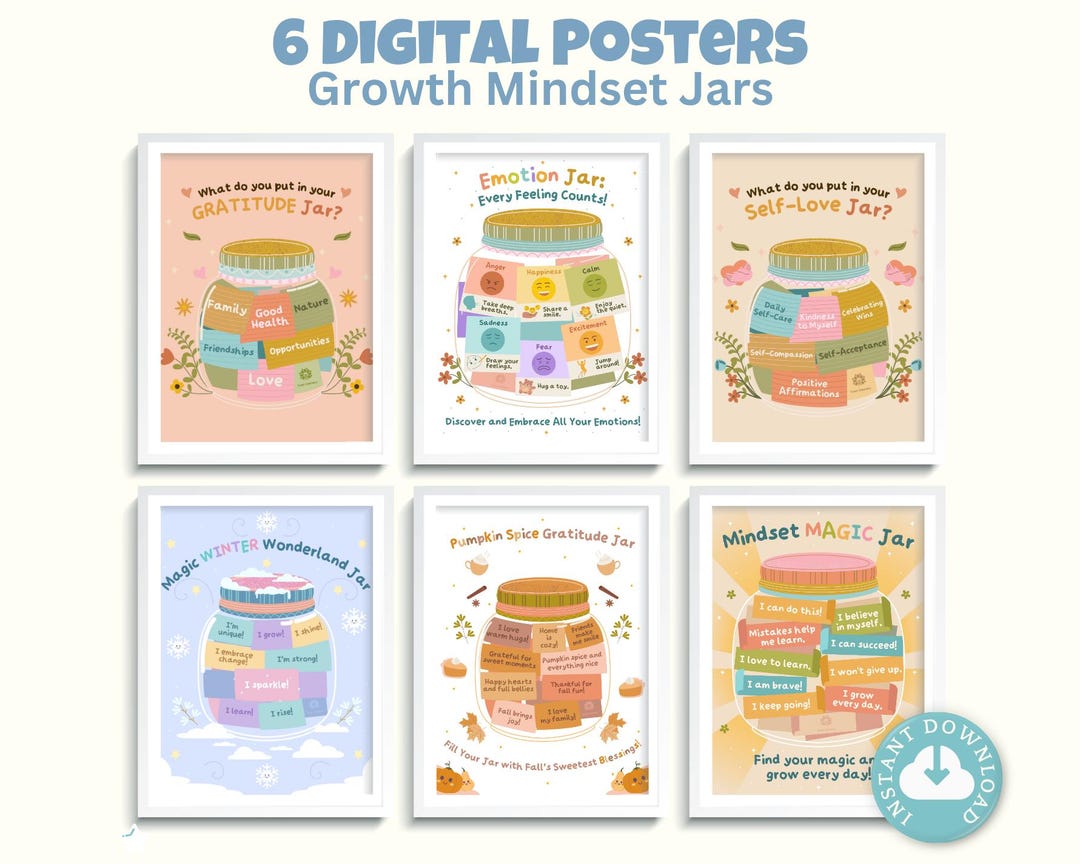 Growth Mindset Poster Kids Affirmation Wall Art Gratitude Jar Self Love ...
