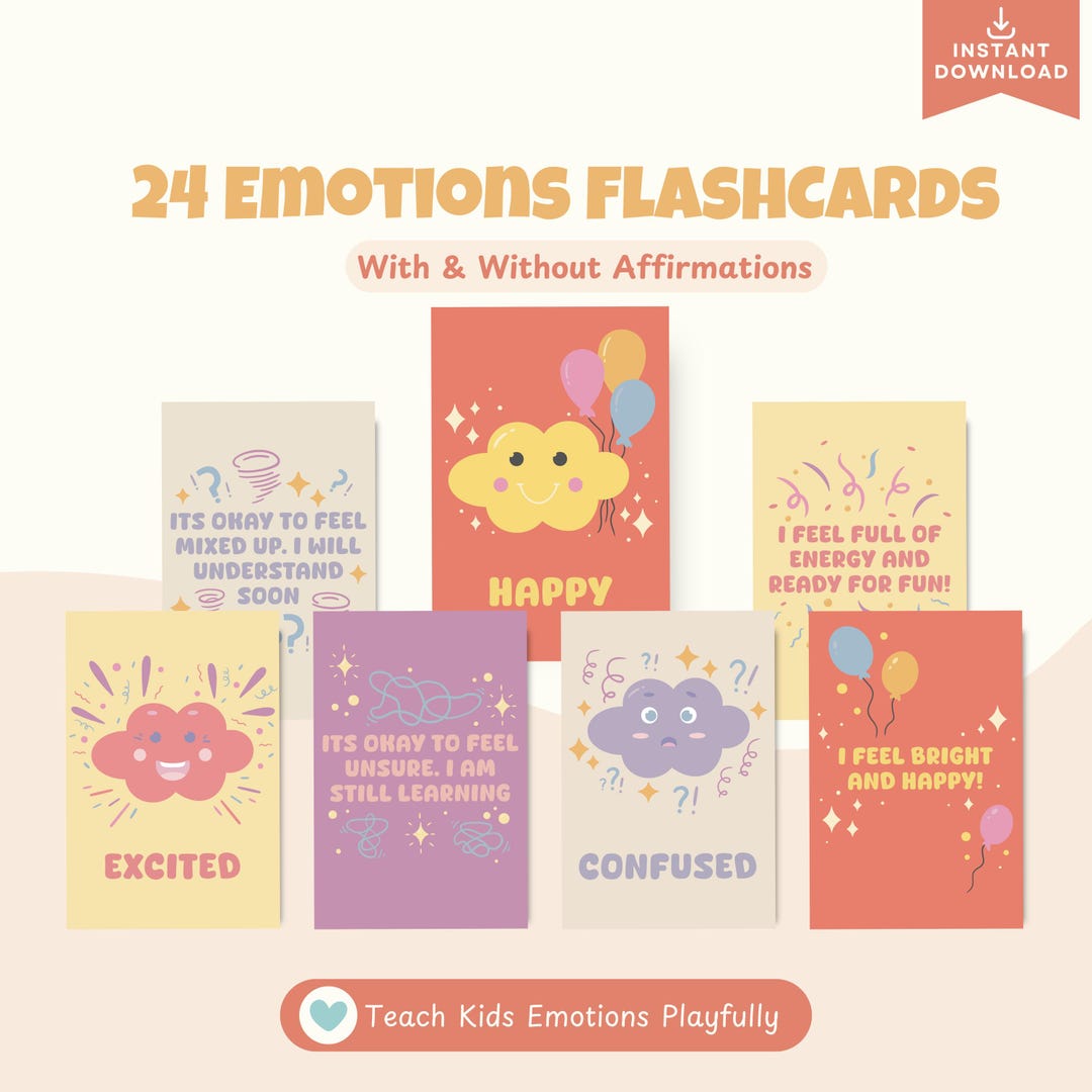 Emotion Flashcards for Kids Printable Feelings Cards With & Without ...