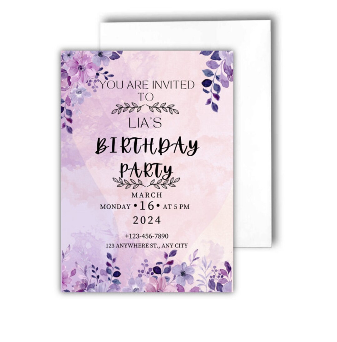 Elegant Floral Purple Birthday Invitation Template - Etsy