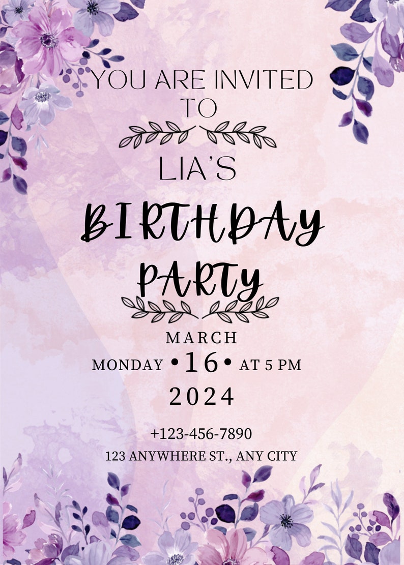 Elegant Floral Purple Birthday Invitation Template - Etsy