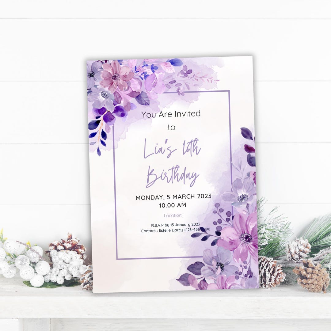 Vibrant Floral Purple Customizable Birthday Invitation Template - Etsy