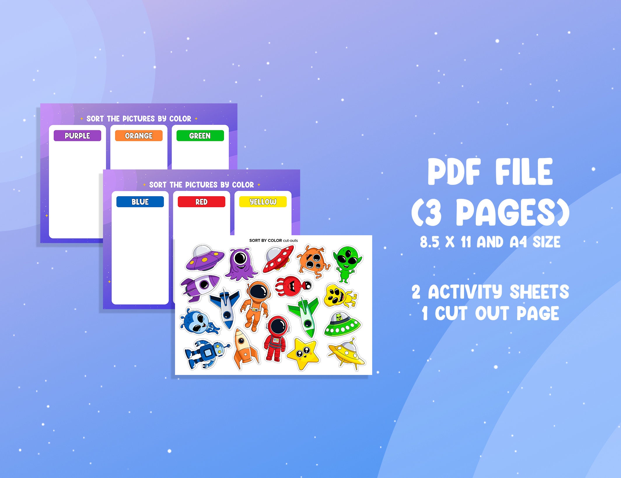 Printable Color Sorting Activity: Space Theme Toddler Game (PDF) - Etsy