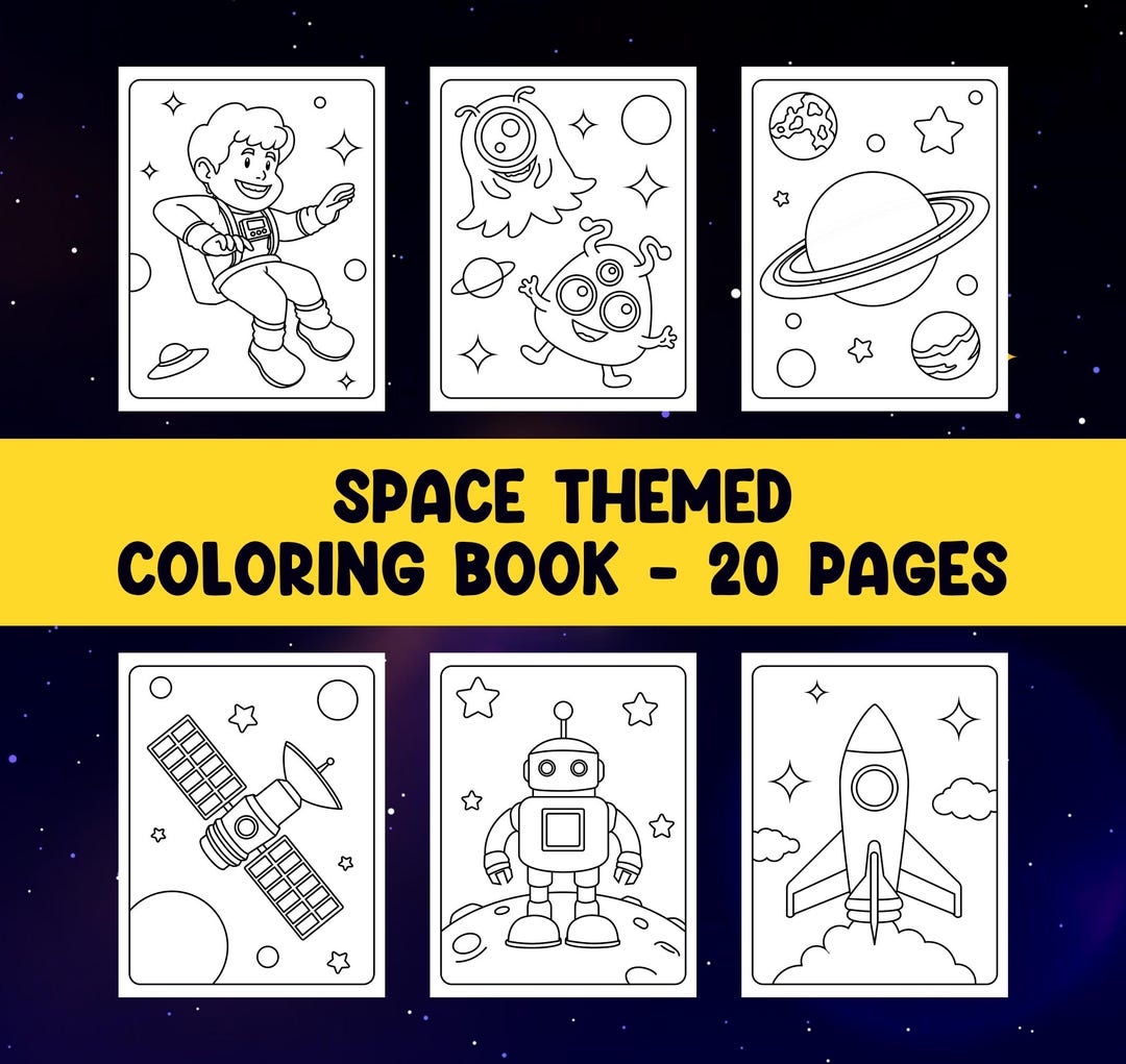 Space Themed Coloring Book, 20 Hand-drawn Pages, Digital PDF for Kids ...