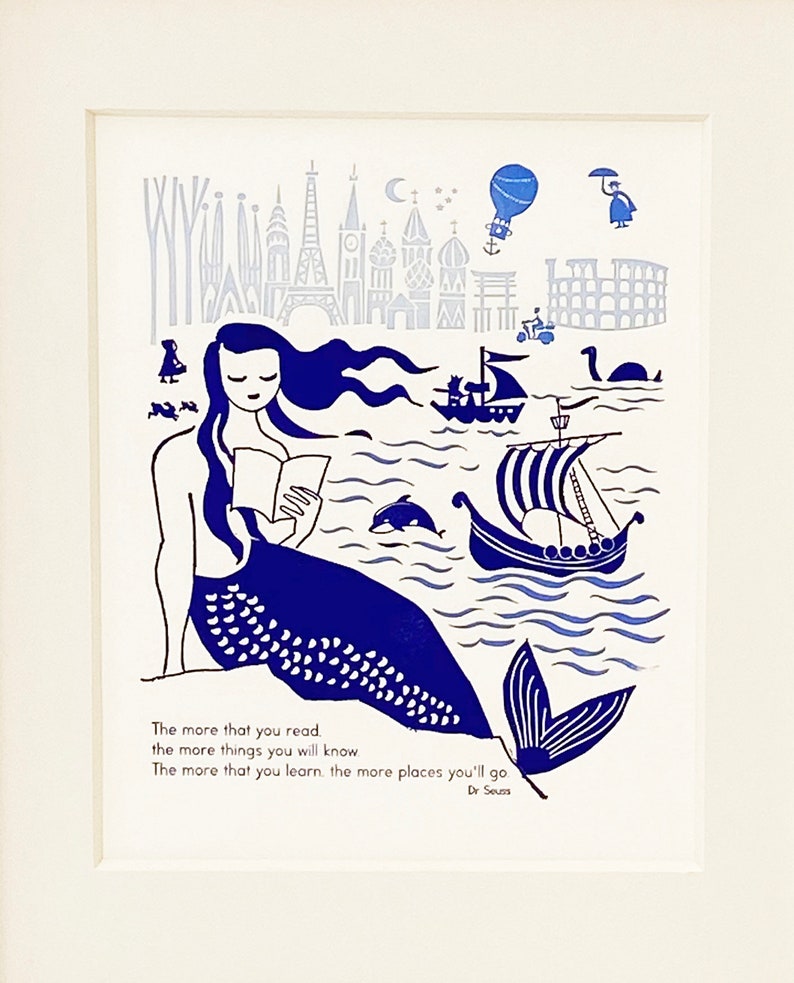 Mermaid Reading Letterpress Art Print - Etsy