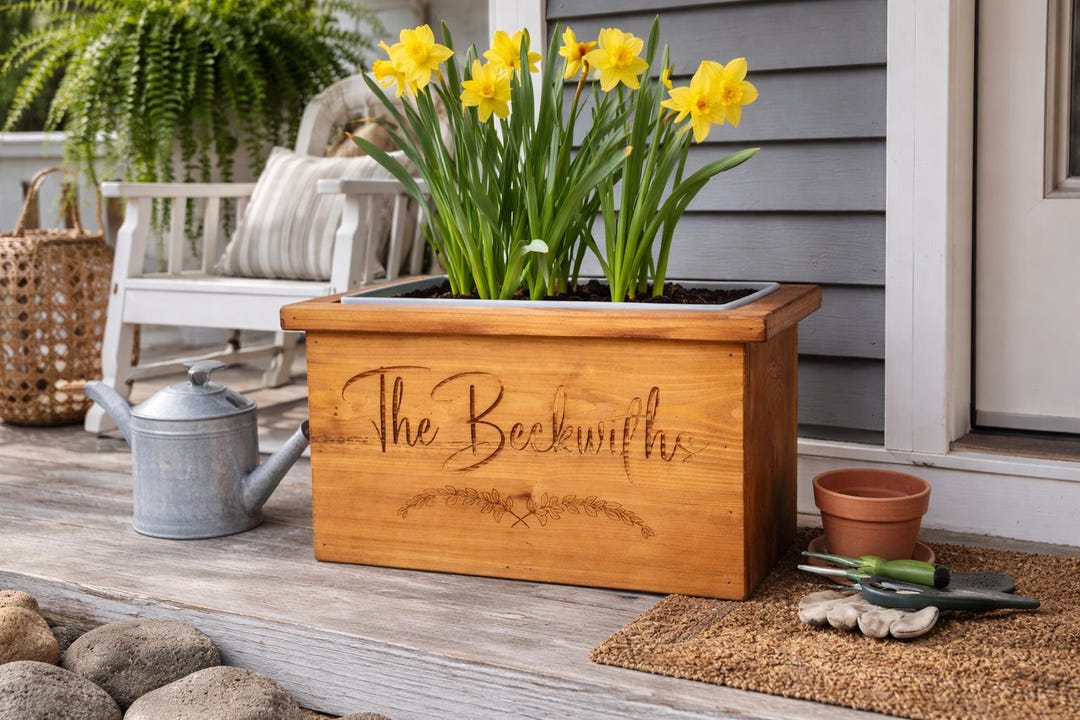 Personalized Cedar Planter Box – Laser Engraved Rustic Flower Pot - Etsy