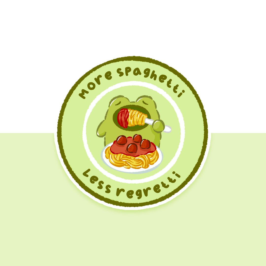More Spaghetti, Less Regretti Sticker Cute Handmade Frog Eating ...