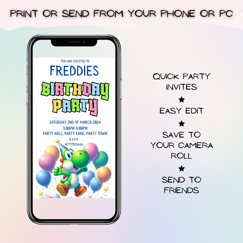 Yoshi Birthday Party Invitation Template, Editable Birthday Invite ...