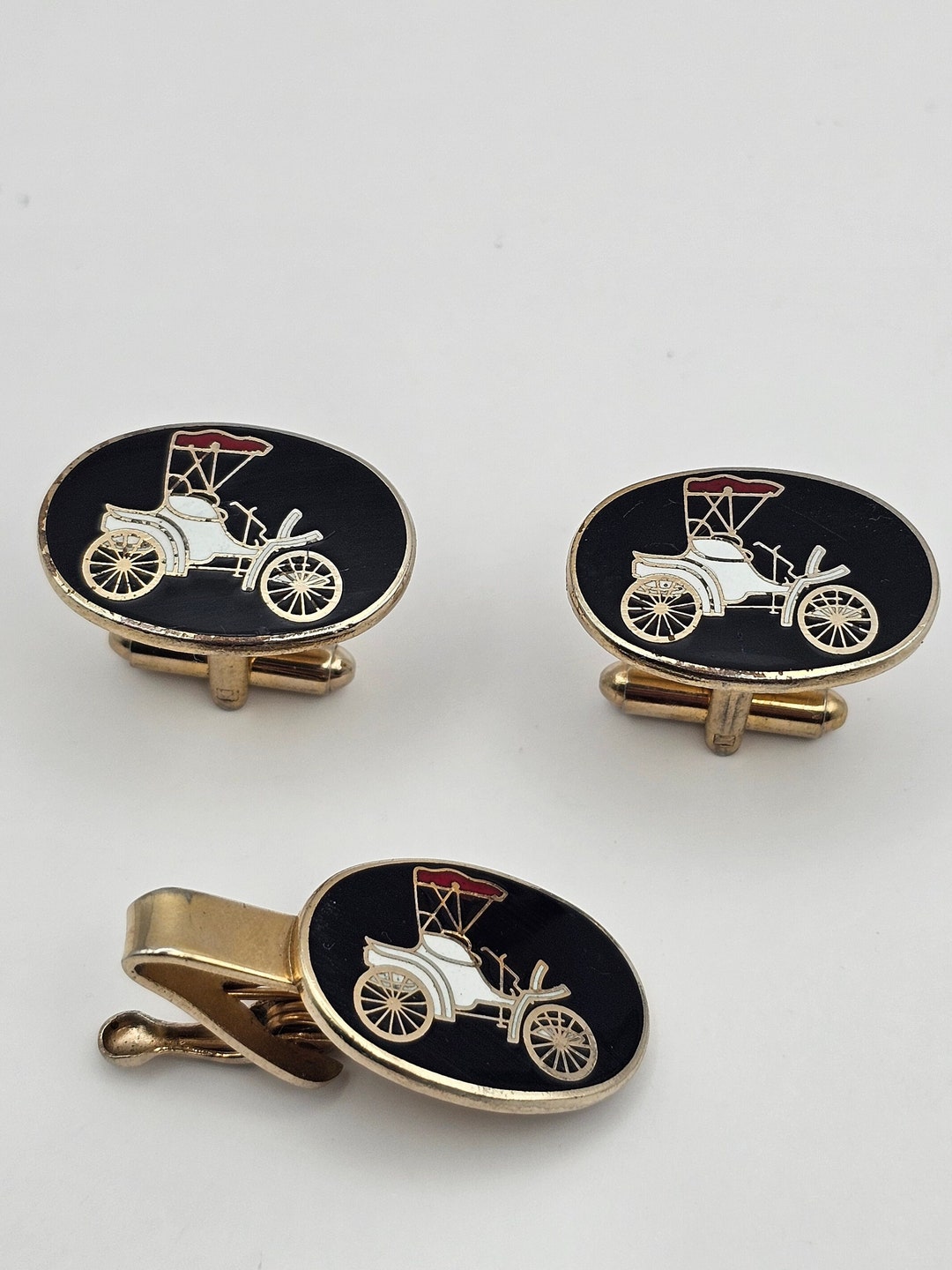Vintage Model T Vintage Oval Enamel Car Cufflinks and Tie Clasp Set ...