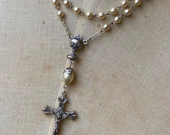 Rosary Necklace, Repurposed Vintage Faux Pearl Chalice Crucifix - Etsy