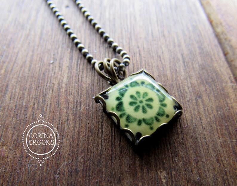 Mexican Tile Design Jewelry, Tile Necklace, Handmade Miniature Green ...